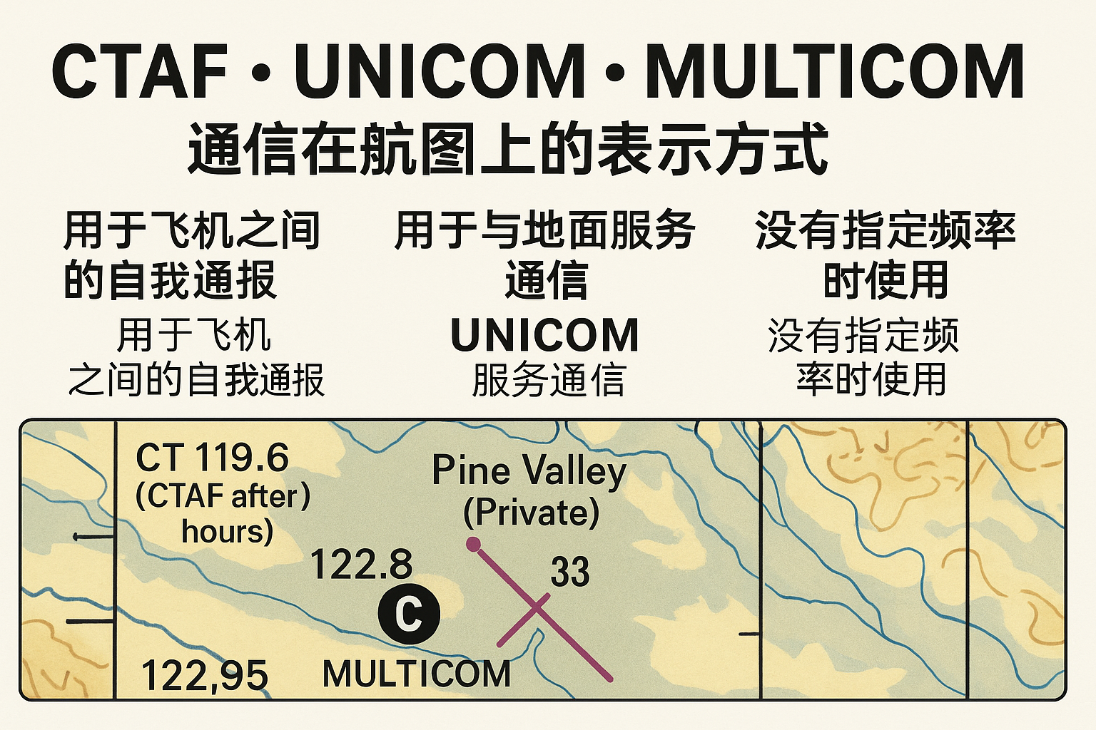 PPL入门：飞行通信频率缩写全解析：CTAF、UNICOM、MULTICOM 是什么？图上如何识别？ - A Fly and Travel Blog